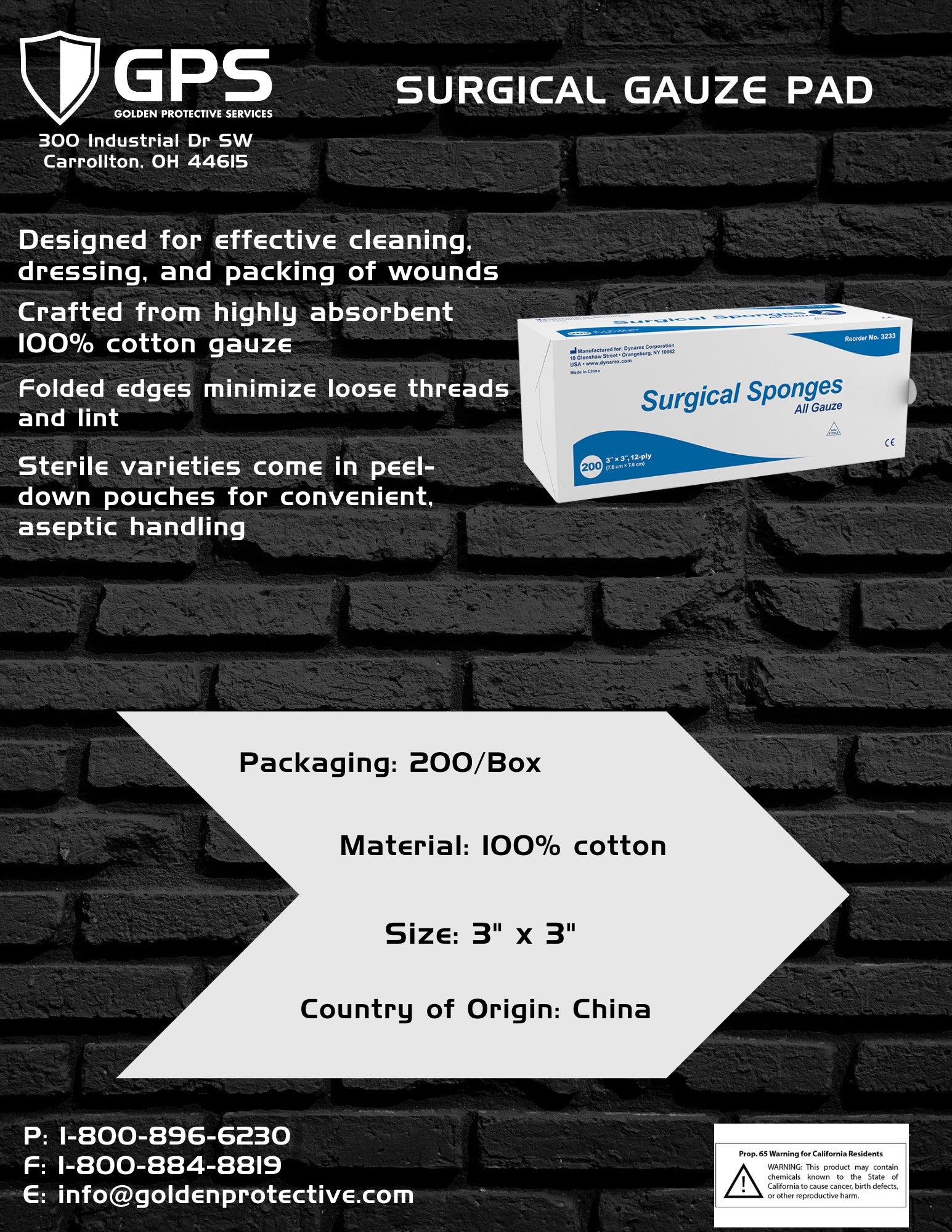 Surgical Gauze Pad, 3" x 3", 100% Cotton Gauze, 200 Per Box | GPS